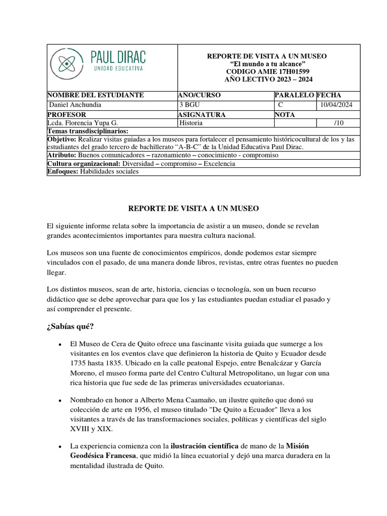 Informe Visita Museo Bachillerato (1) 2 | PDF | Ecuador | Museo
