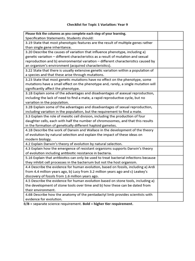 1 Variation Checklist | Download Free PDF | Evolution | Genetics