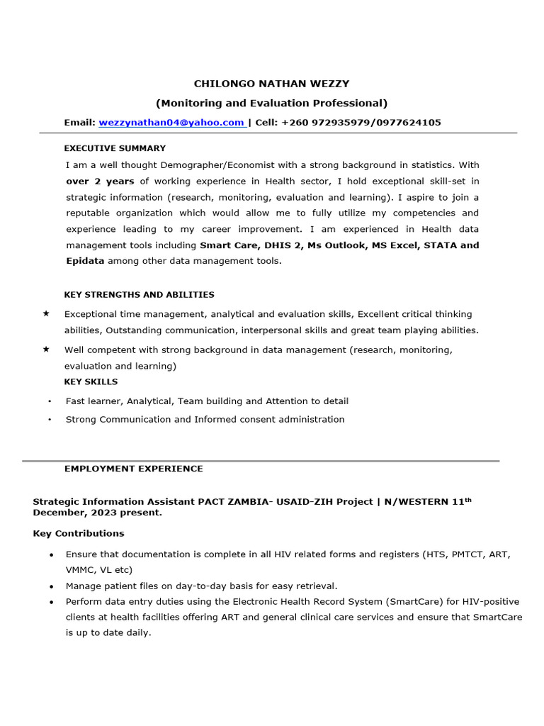 Wezzy Nathan Chilongo Curriculum Vitae | PDF | Census | Health Informatics
