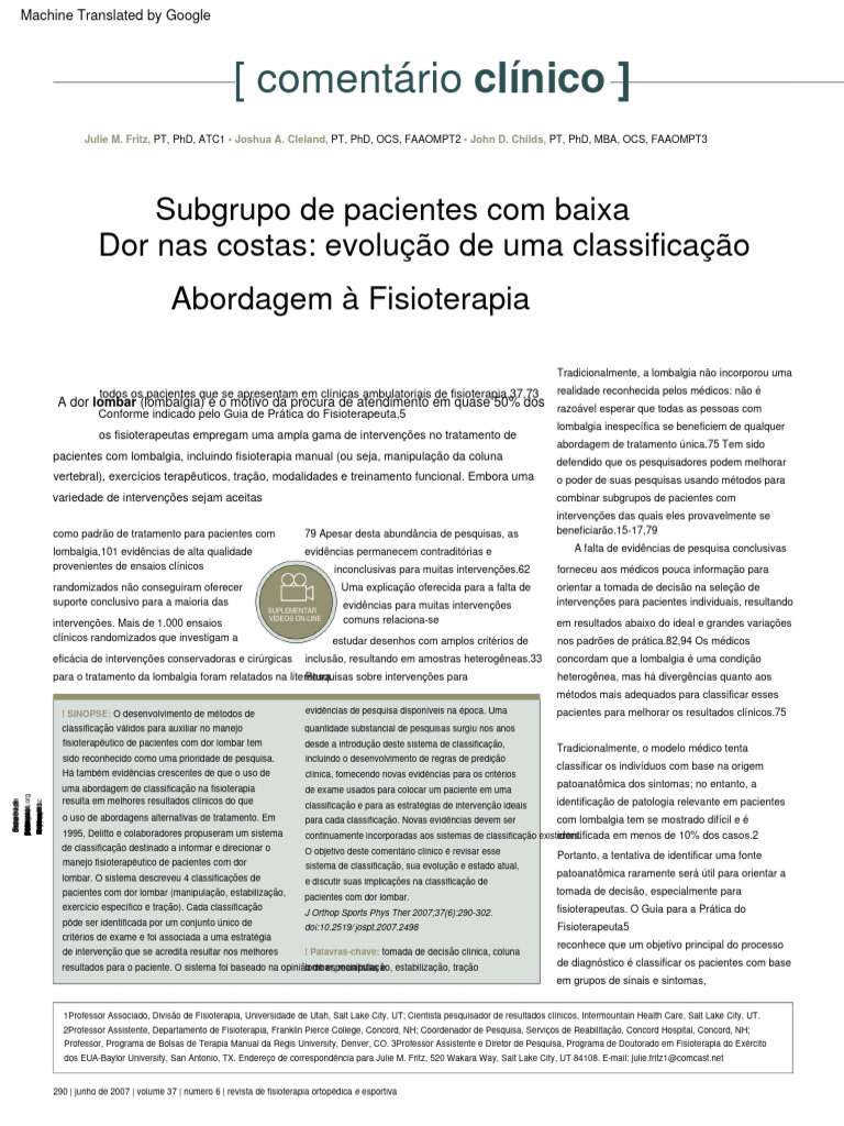 Fritz Et Al 2007 Subgrouping Patients With Low Back Pain Evolution of A ...