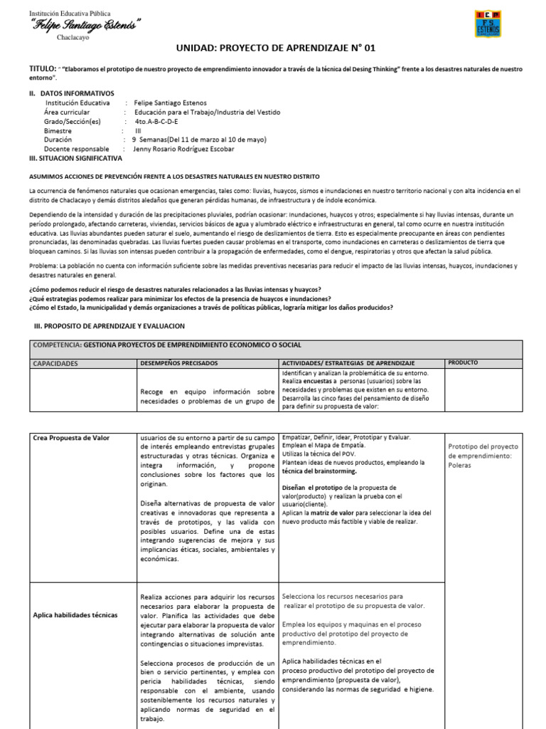 Unidad Didactica Por Proyecto N°01-Ept-4to Grado | Descargar gratis PDF | Aprendizaje ...