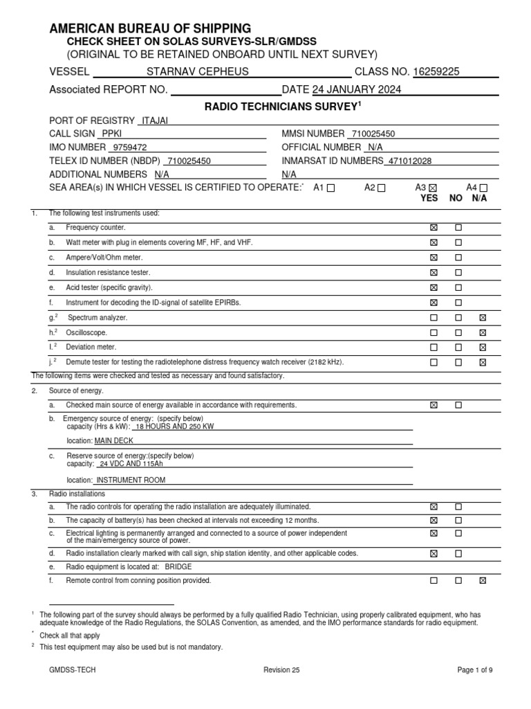 GMDSS Survey Checklist for STARNAV CEPHEUS | PDF | Wireless ...
