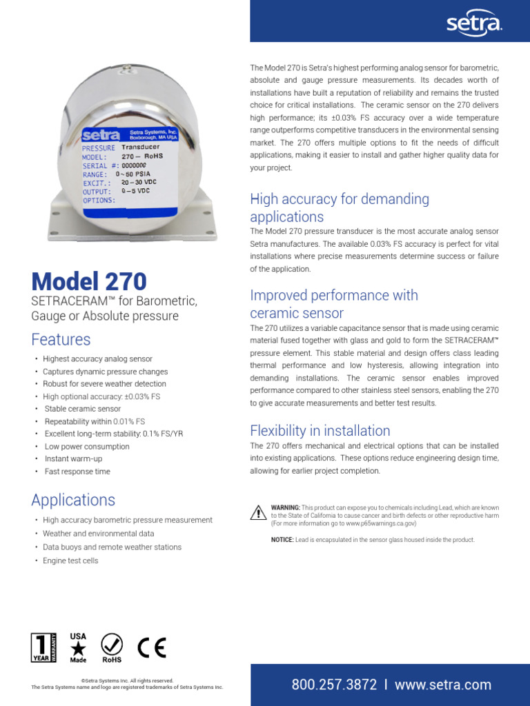 Setra_Model_270_Data_Sheet | PDF | Pressure Measurement | Sensor