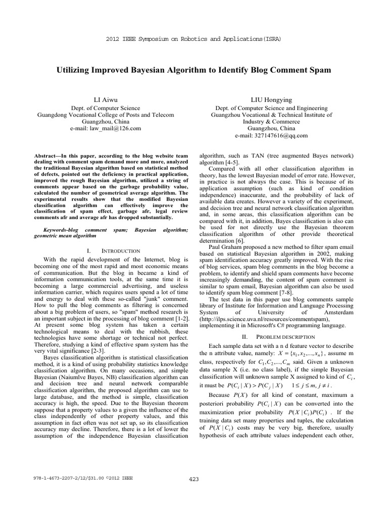 2 Utilizing improved Bayesian algorithm to identify blog comment spam | PDF | Statistical ...