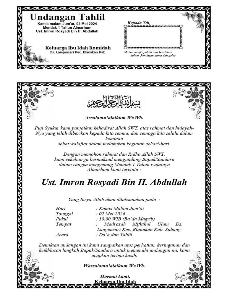 Contoh Undangan Tahlil Format Doc PDF | PDF | Hukum