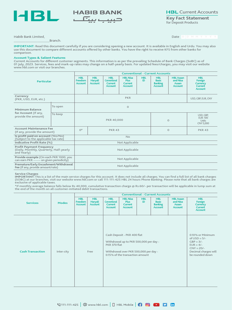 HBL Account Types and Charges Overview | PDF | Transaction Account | Banks