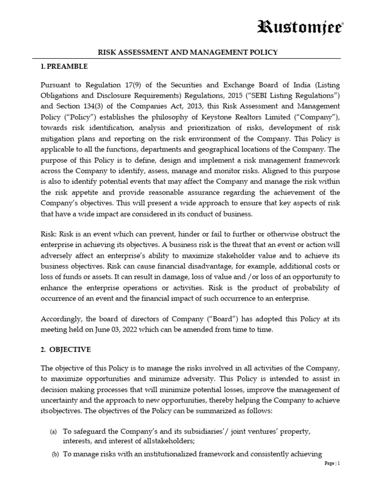 Risk Management Policy | PDF | Internal Control | Risk