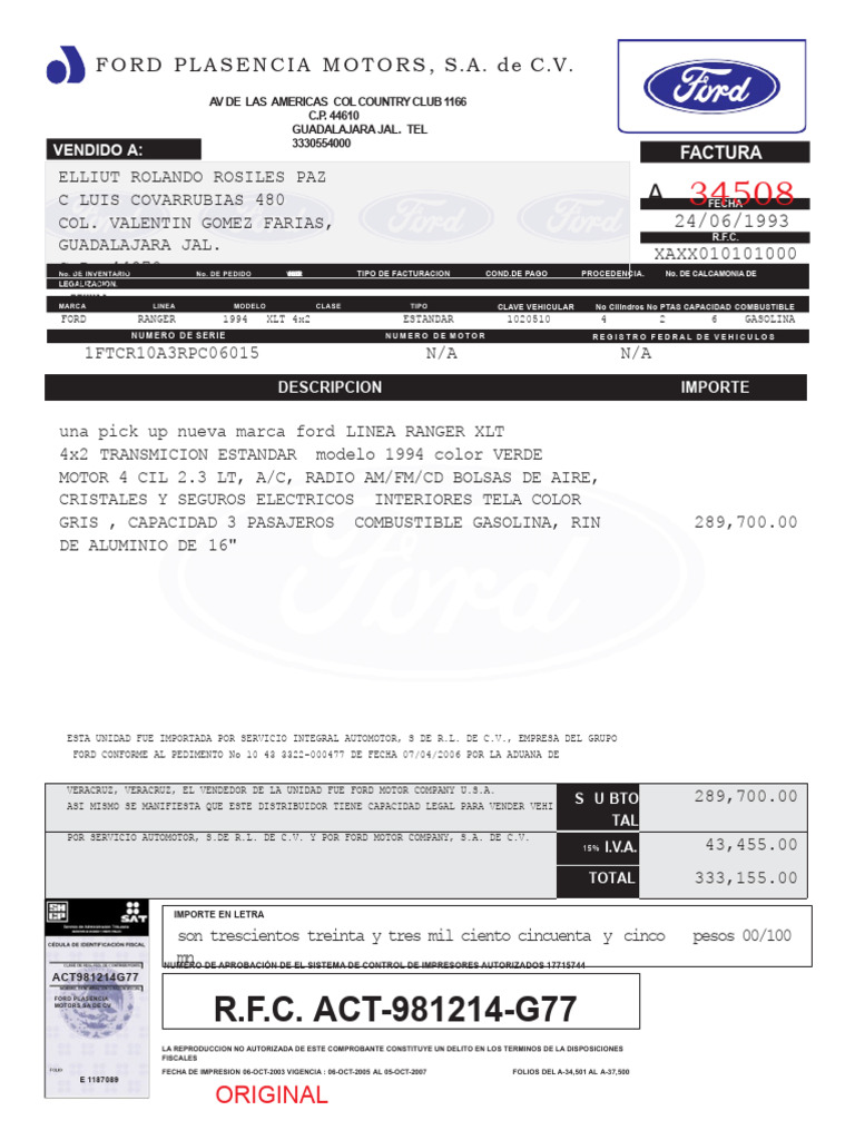 Factura Ford Editable | PDF | Fabricantes de vehículos de motor ...