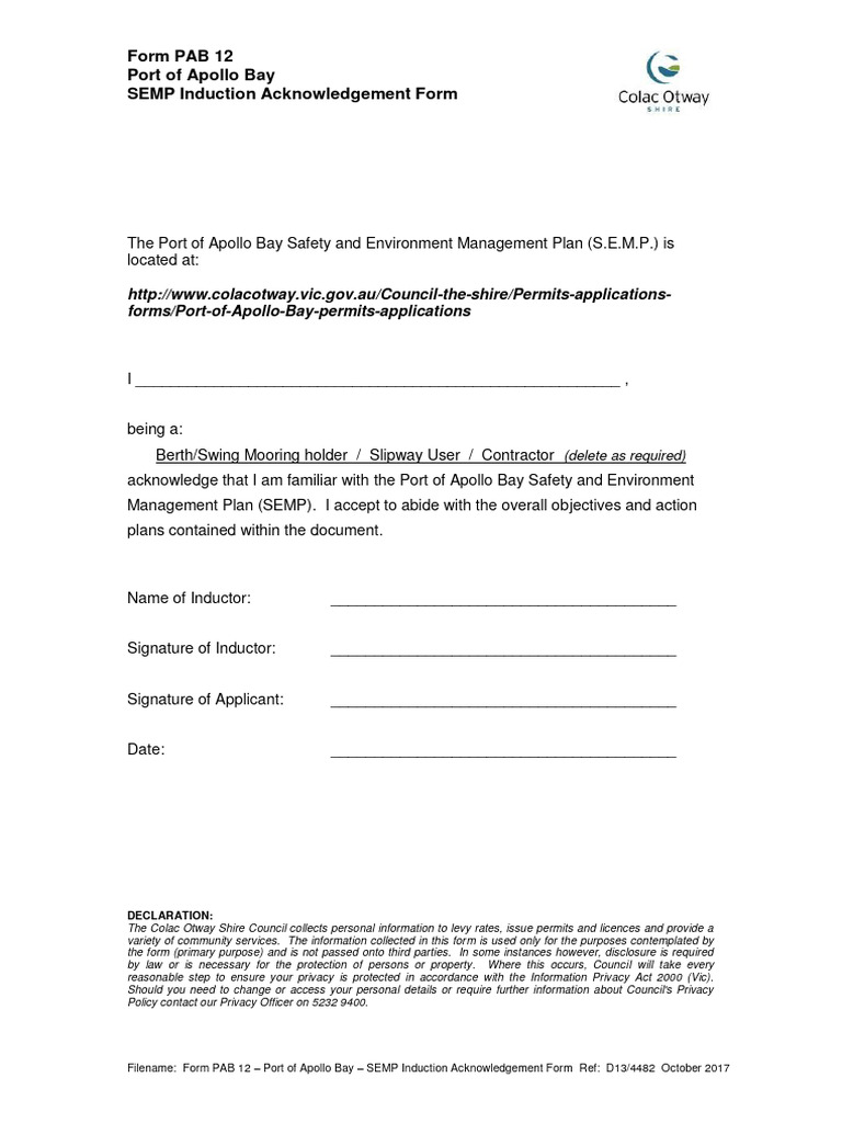 SEMP Induction Acknowledgement Form FORM PAB 12 | PDF | Business