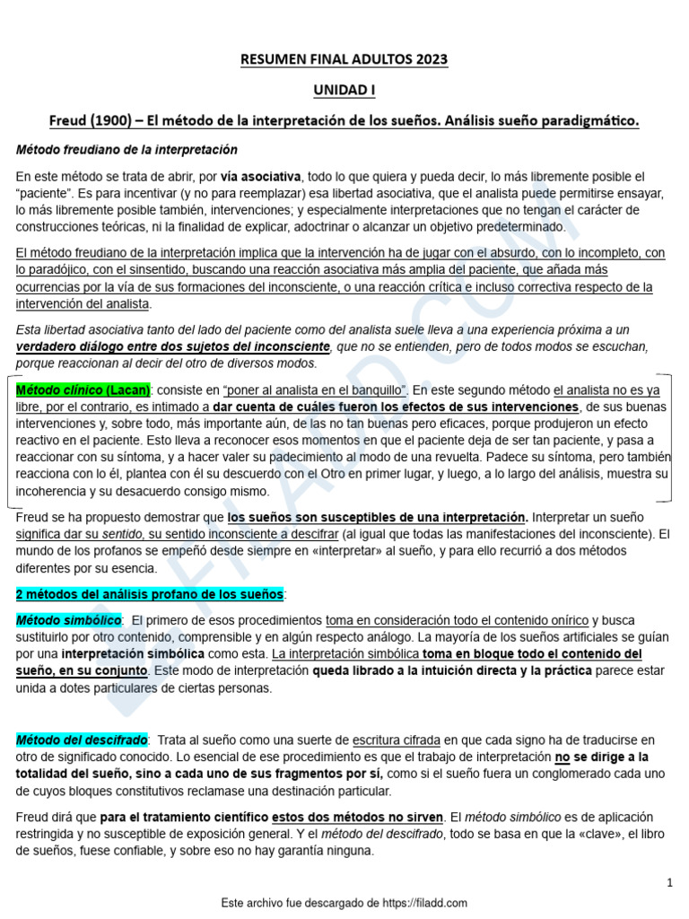 RESUMEN FINAL ADULTOS 2023 | PDF | Psicoanálisis | Jacques Lacan
