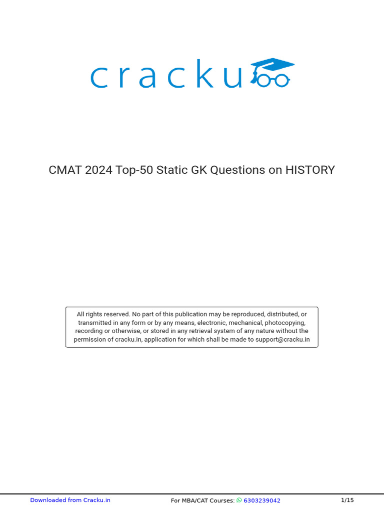 CMAT 2024 Top-50 Static GK Questions On HISTORY | PDF | History | Travel
