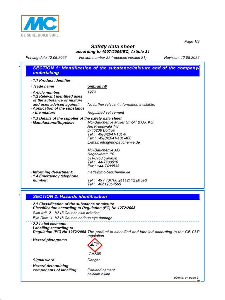 MC Bauchemie Curtain Wall Injection | PDF | Dangerous Goods | Toxicity