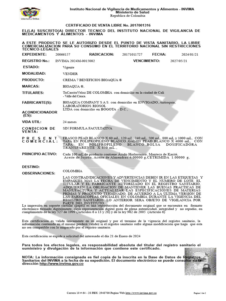 Certificado INVIMA | PDF