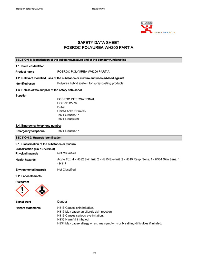 Fosroc Polyurea WH200 Part A | PDF | Dangerous Goods | Toxicity