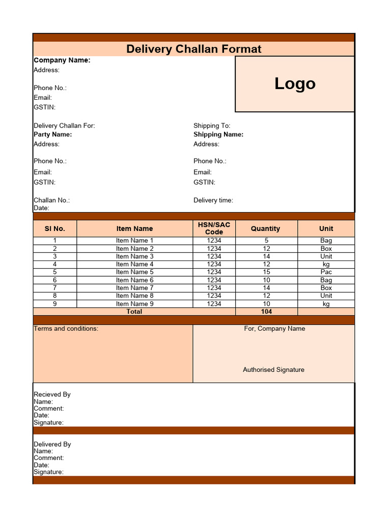 Delivery Challan Format Template in Excel | PDF