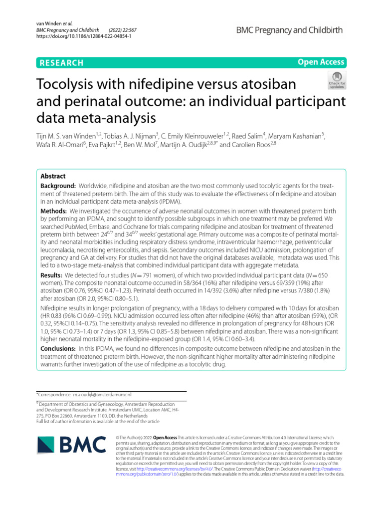 Tocolysis With Nifedipine Versus Atosiban | PDF | Preterm Birth ...