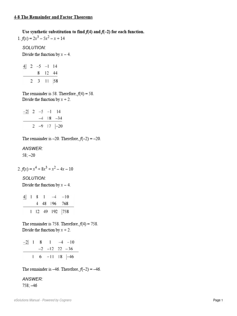 4 8 The Remainder and Factor Theorems | PDF | Polynomial | Zero Of A ...