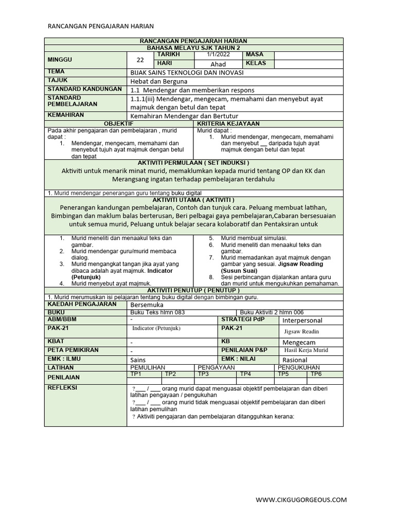 RPH Minggu 22 BM SJK THN 2 by Cikgu Gorgeous | PDF | Karier & Perkembangan