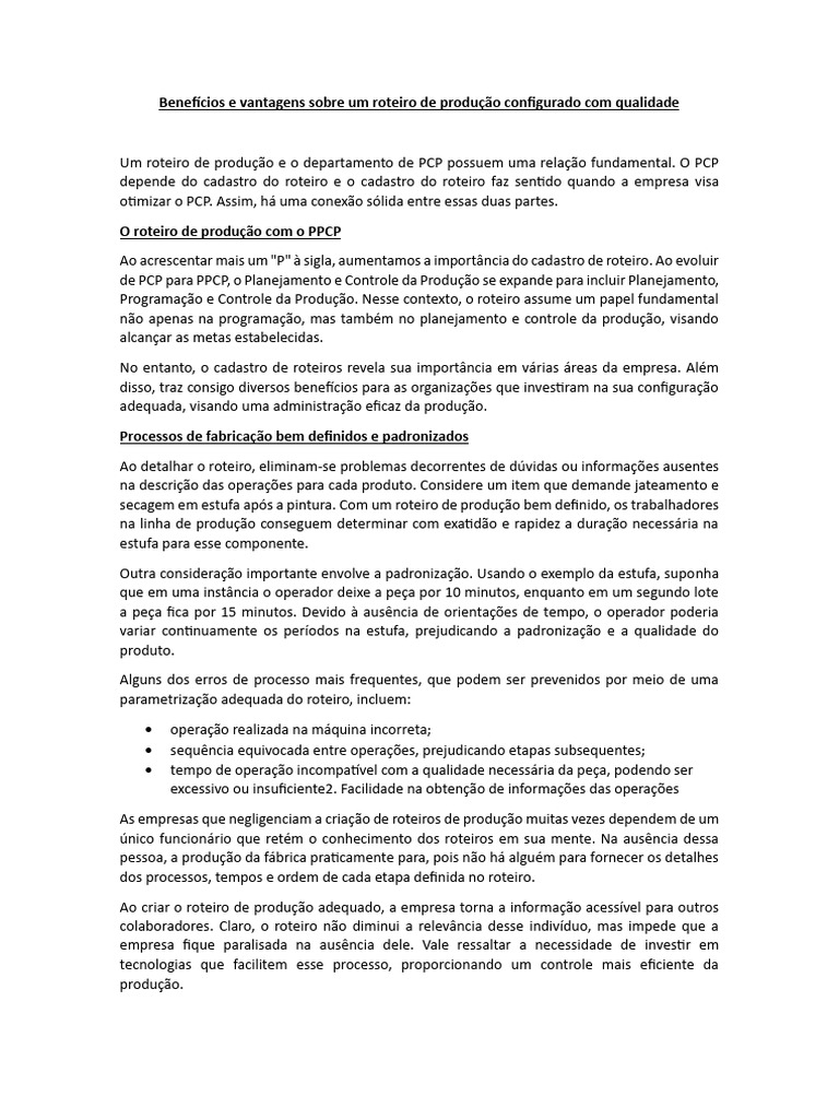 Benefícios e Vantagens Sobre Um Roteiro de Produção Configurado Com ...