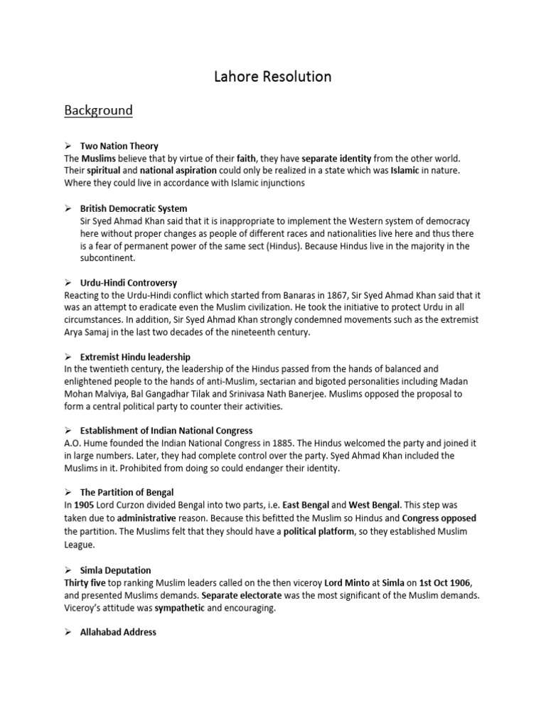 Lahore Resolution - Eng | PDF | All India Muslim League | Pakistan