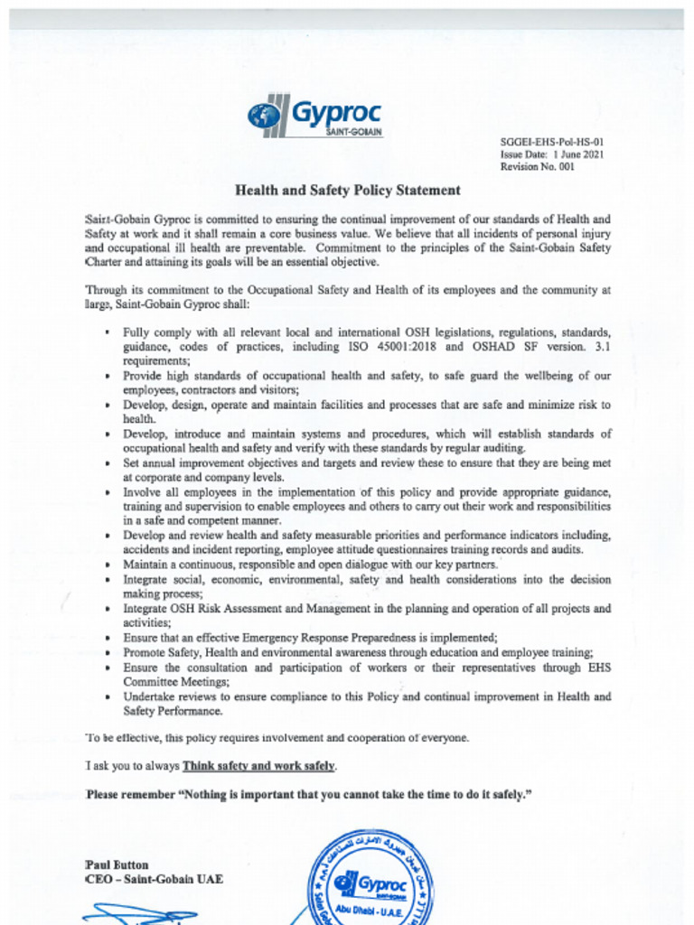 Health Safety Policy Statement Rev01 | PDF