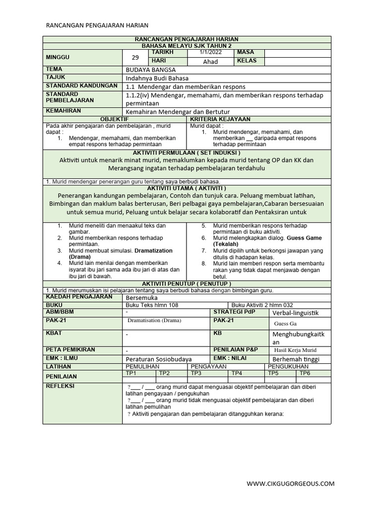 RPH Minggu 29 BM SJK THN 2 by Cikgu Gorgeous | PDF