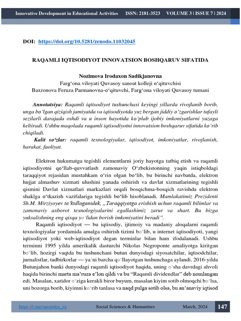 Kalit So Zlar: Raqamli Texnologiyalar, Iqtisodiyot, Imkoniyatlar, Rivojlanish | PDF