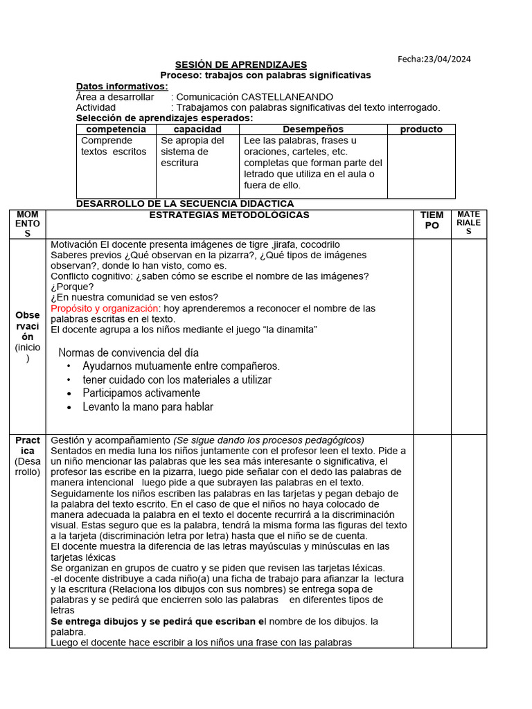 Sesion de Aprendizaje Abril | PDF | Maestros | Aprendizaje