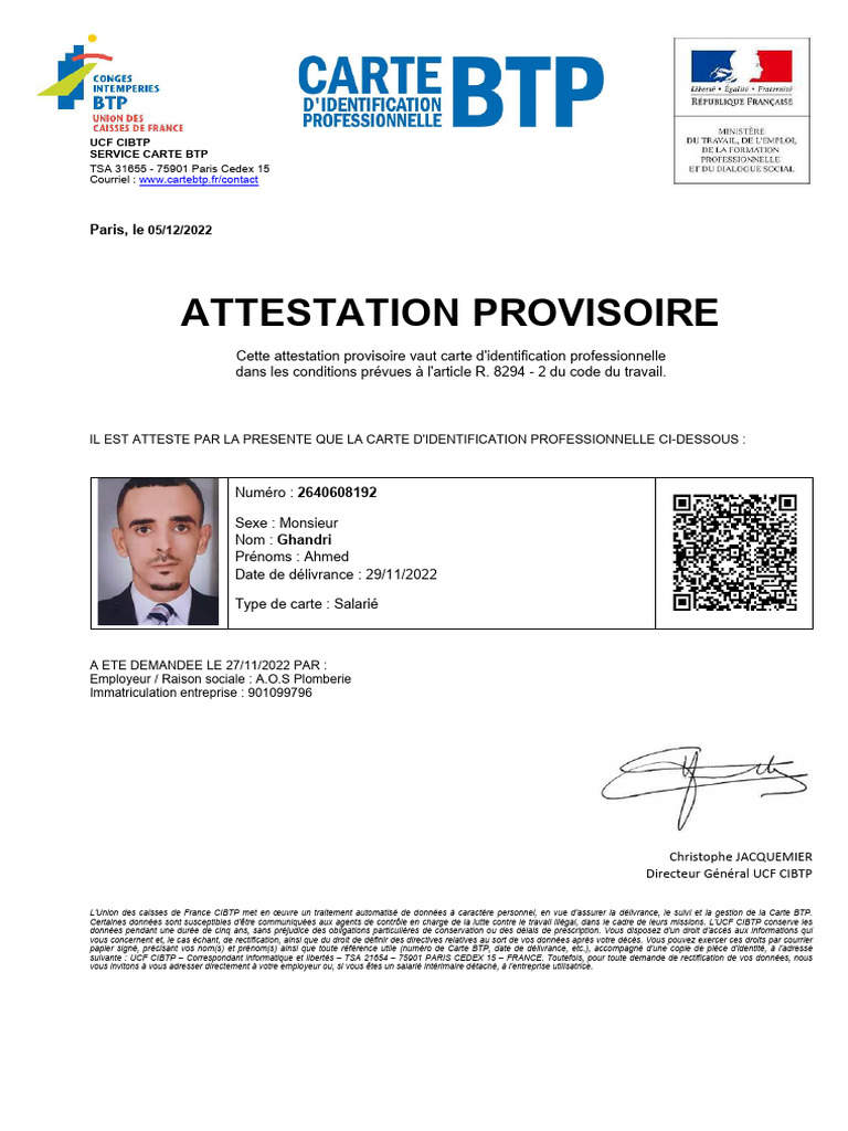 Attestation Provisoire Carte BTP | PDF | Finance et gestion monétaire