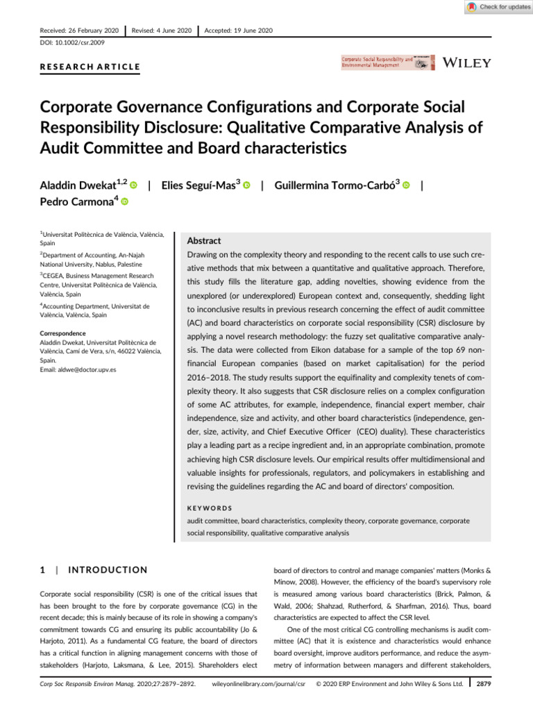 Corp Soc Responsibility Env - 2020 - Dwekat - Corporate Governance ...