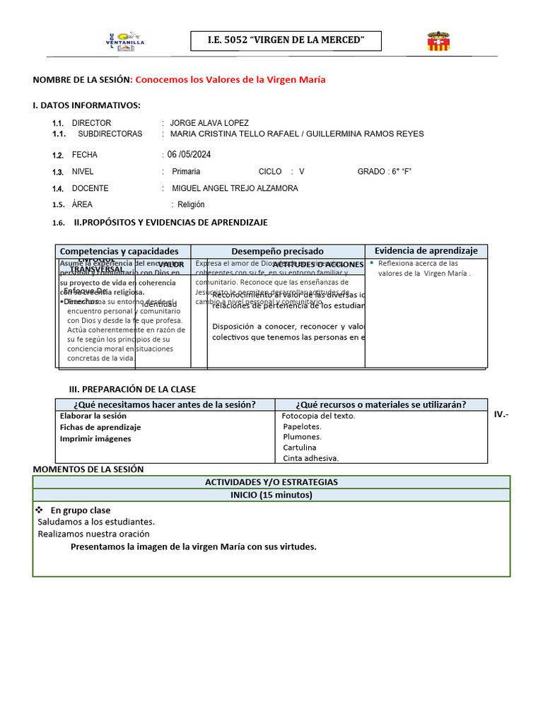 SESION de RELIGIÓN Virtudes de La Virgen María | PDF | María, madre de Jesús | Aprendizaje