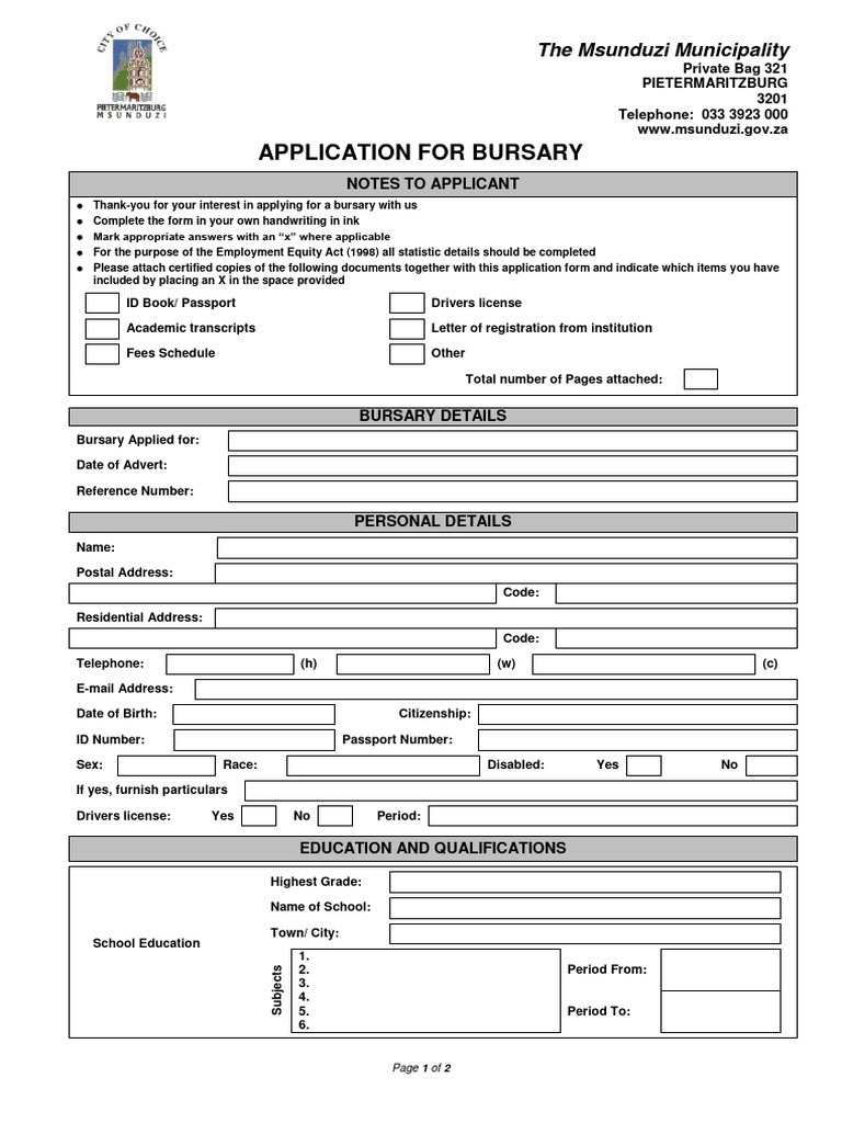 Msunduzi Municipality Bursary Application | PDF | Government And Personhood