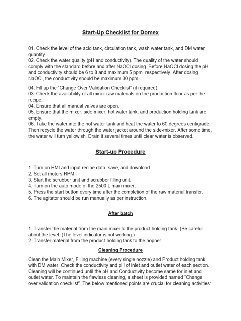 Start-Up & Cleaning Checklist Guide | PDF