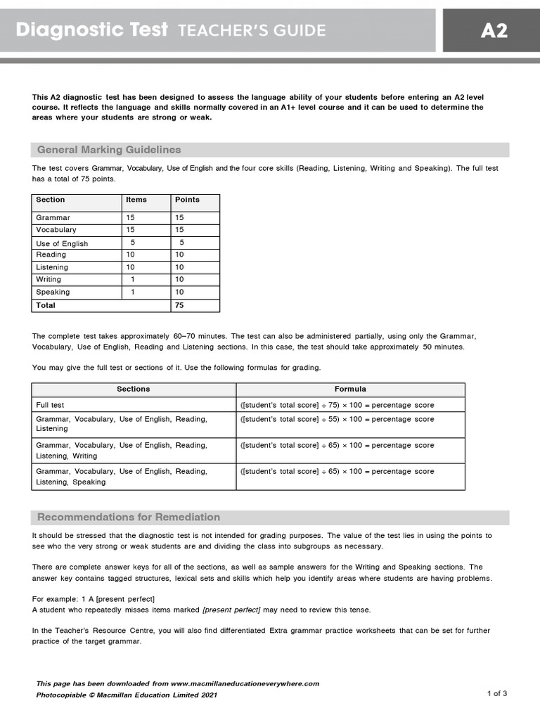 A2 Diagnostic Test Teacher's Guide Answer Key | PDF | Sneakers ...