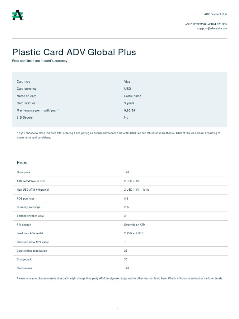ADV_Global_Plus_Plastic | PDF | Fee | Automated Teller Machine