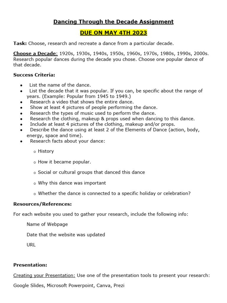 STUDENT COPY Dancing Through the Decade Assignment | PDF | Human ...