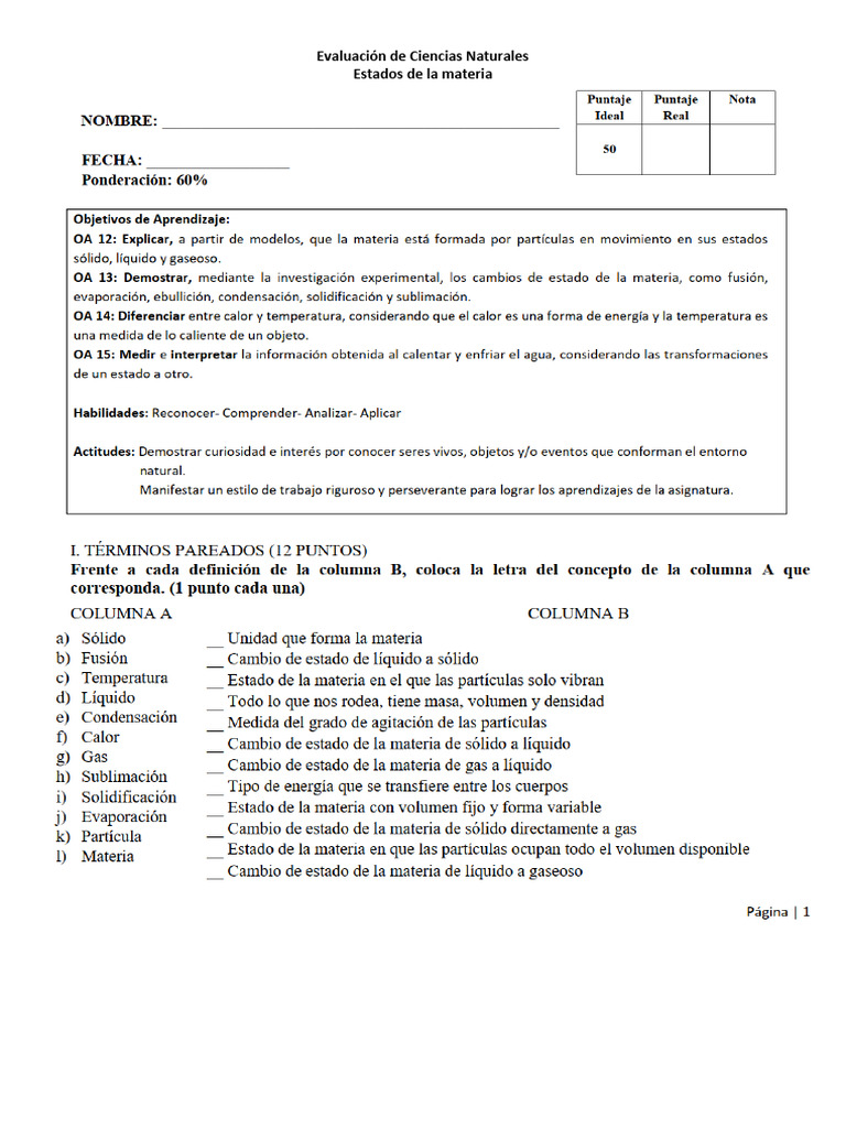 Evaluacion Materia y Cabios de Estado | PDF