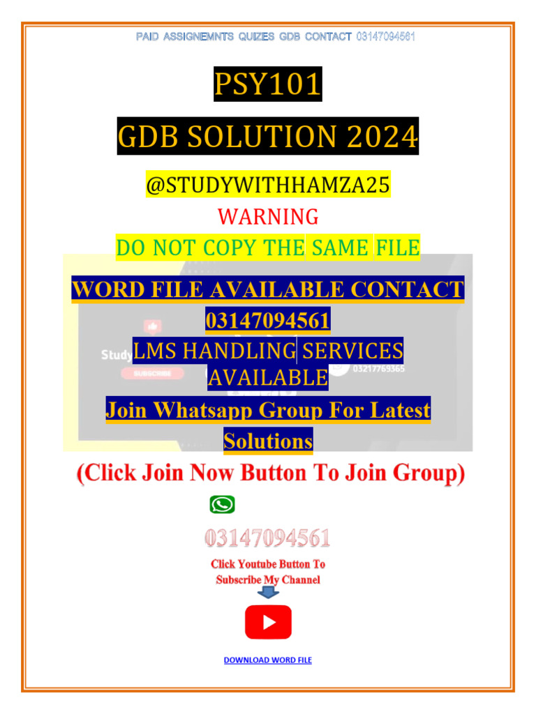 PSY101 GDB SOLUTION Spring 2024 by Studywithhamza25 | PDF