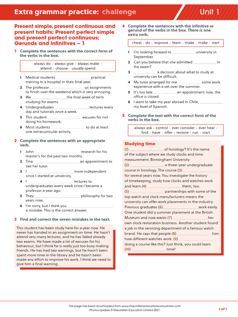 B2 U1 Extra Grammar Practice Challenge | PDF | Clock | Language Mechanics