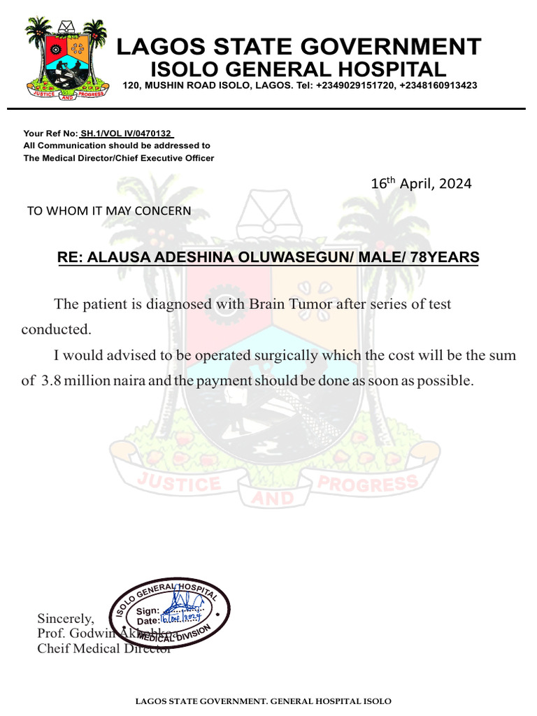 Medical Report for Brain Tumor Surgery | PDF