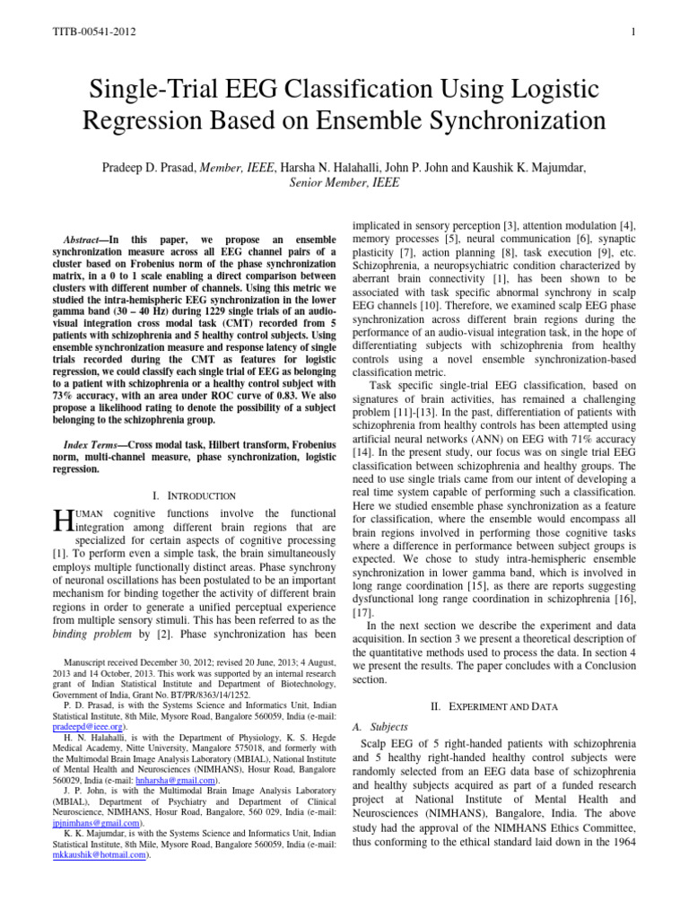 Single Trial EEG Classification Using Logistic Regression Based On Ensemble Synchronization ...