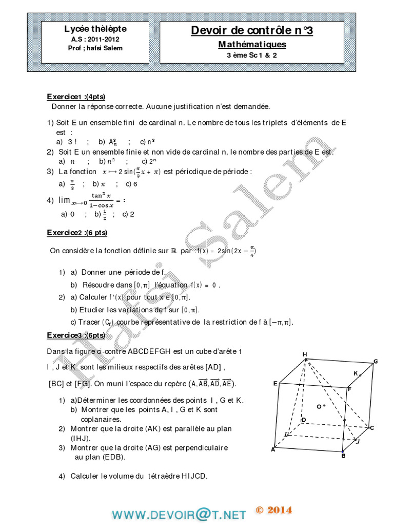 Devoir de Contrôle N°3 - Math - 3ème Sciences Exp (2011-2012) MR Hafsi ...