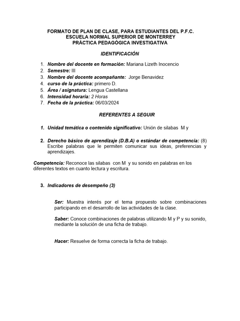 Silabas M y PPrimero Plan de Clase | PDF | Maestros | Comunicación humana