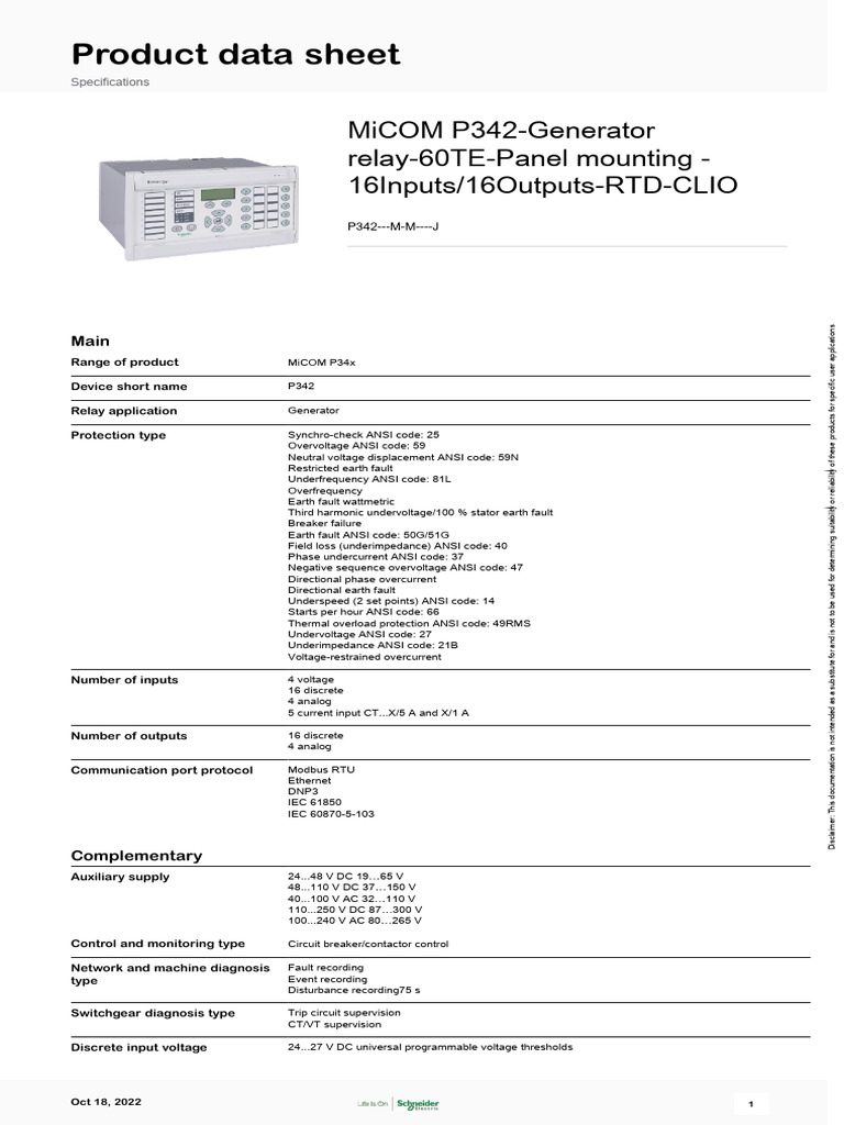 Easergy MiCOM P34x - P342 - M-M - J | PDF | Power Supply | Electric Power