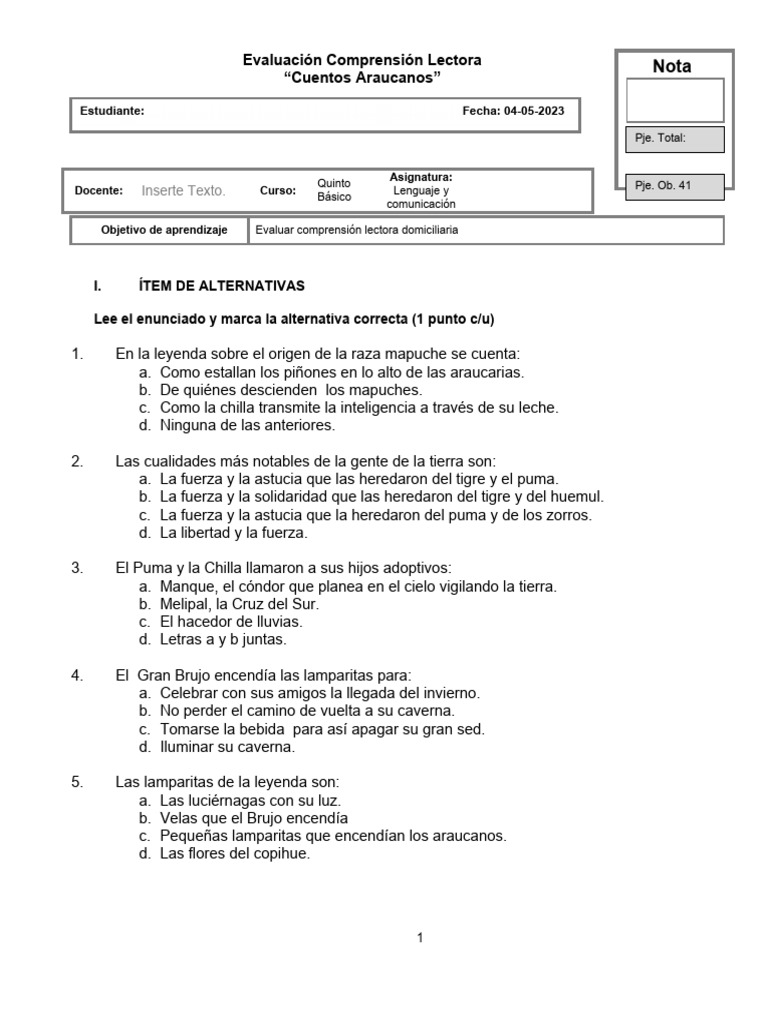 Prueba de Comprensión: Cuentos Araucanos | PDF