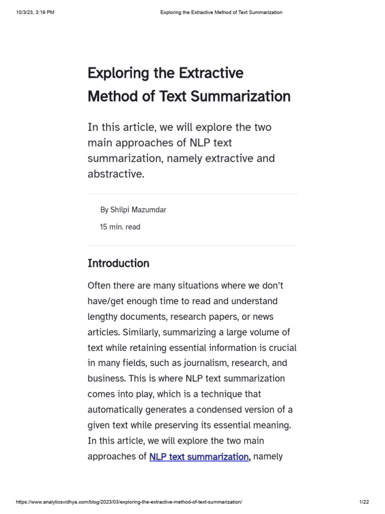Exploring The Extractive Method Of Text Summarization Pdf Weather
