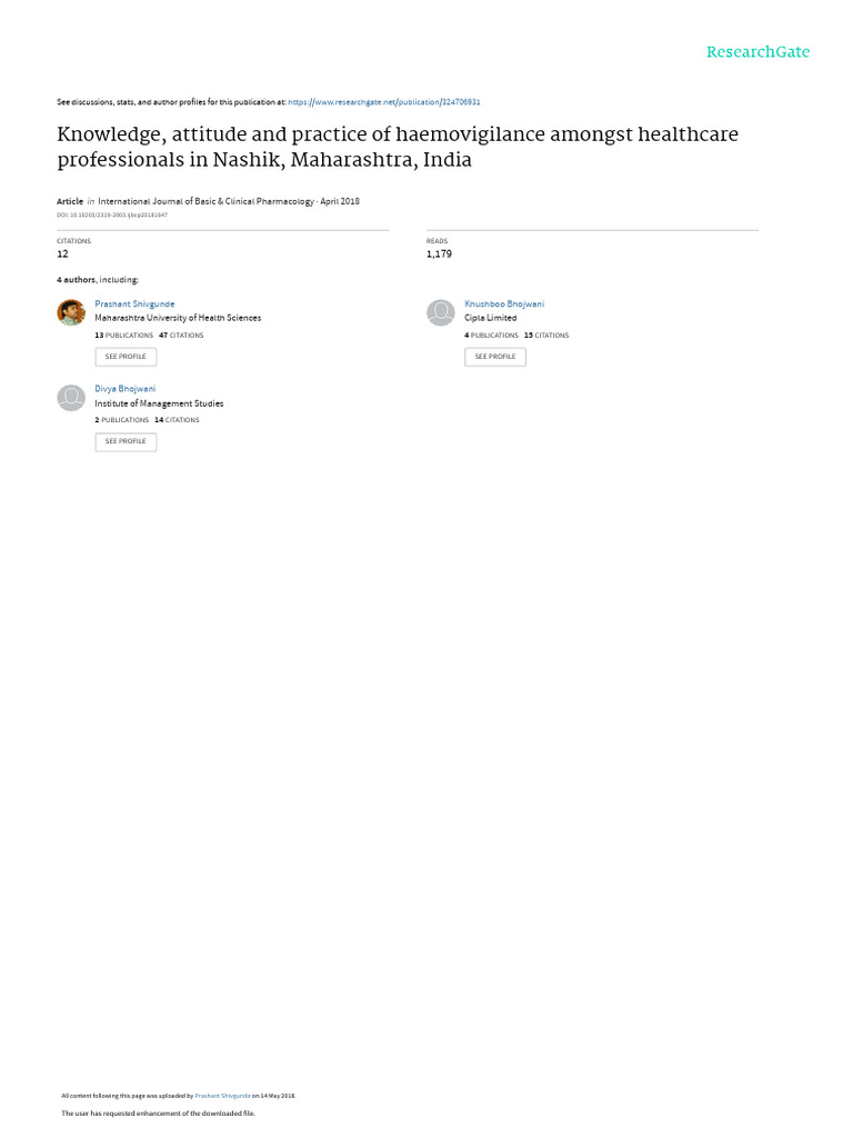 Knowledge, Attitude and Practice of Haemovigilance, India | PDF ...