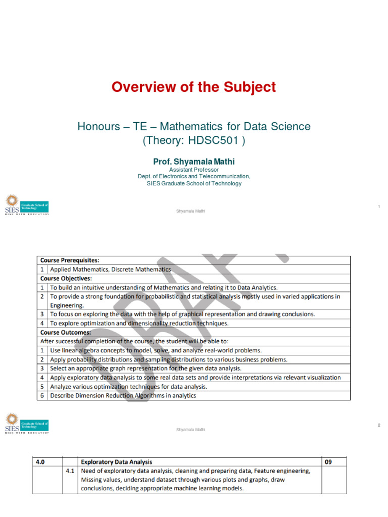 Overview of The Subject: Honours - TE - Mathematics For Data Science (Theory: HDSC501 ...