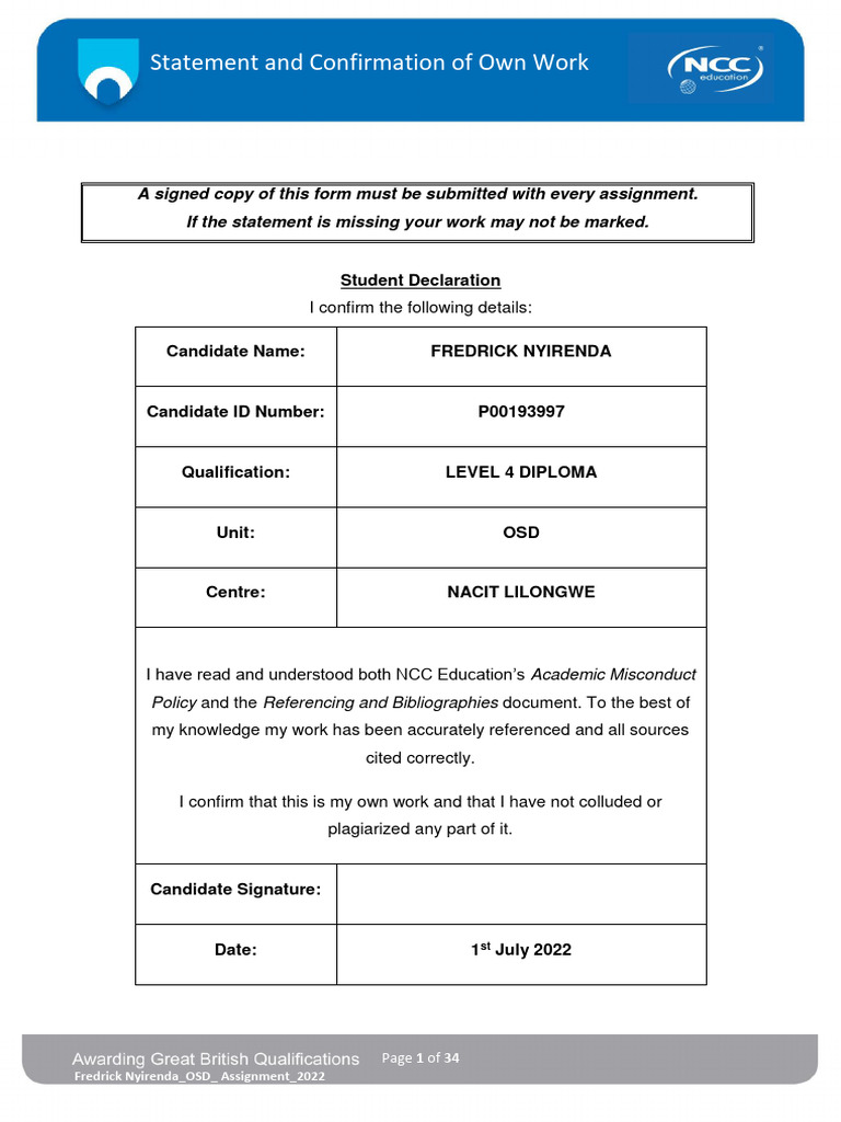 Fredrick Nyirenda - OSD - Assignment - 2022 | PDF | Microsoft Excel ...