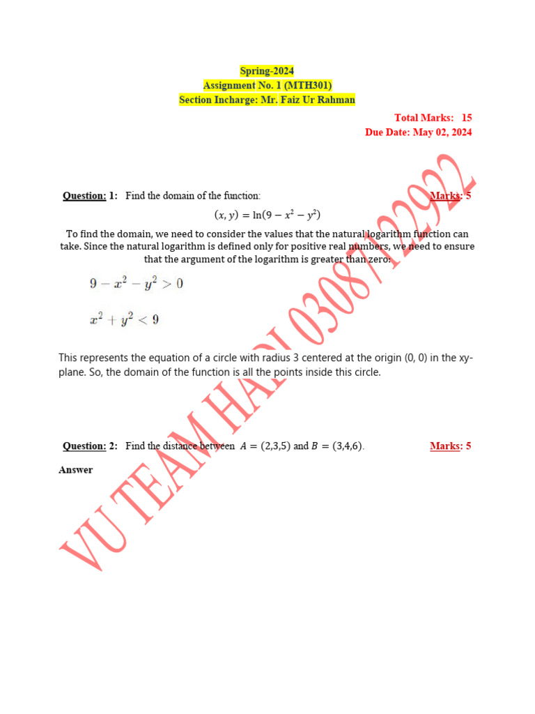 MTH301 Assignment 1 Solutions 2024 | PDF
